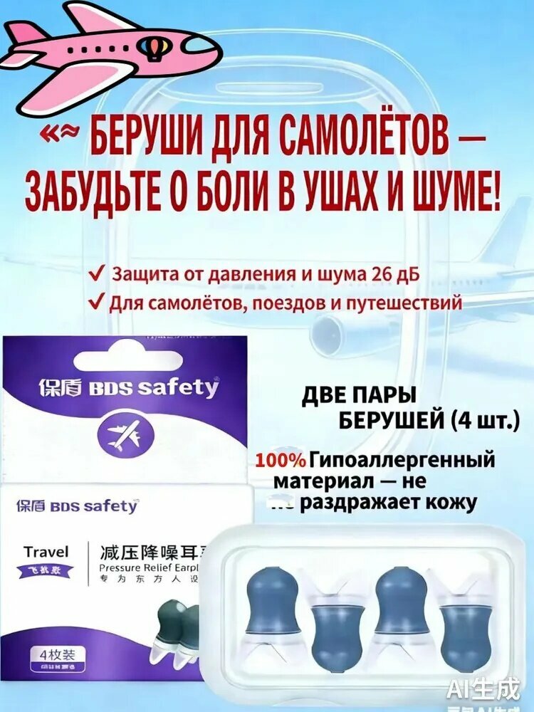 Беруши для самолётов Защита от давления и шума 26 дБ 4 шт. Гипоаллергенные беруши для путешествий и поездов