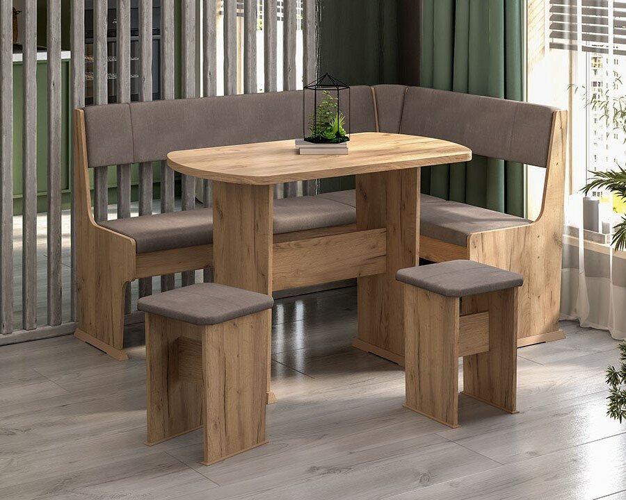 Кухонный уголок, скамья/стол/табуреты "Рио", Дуб Крафт золотой, Микровелюр Duna Stone