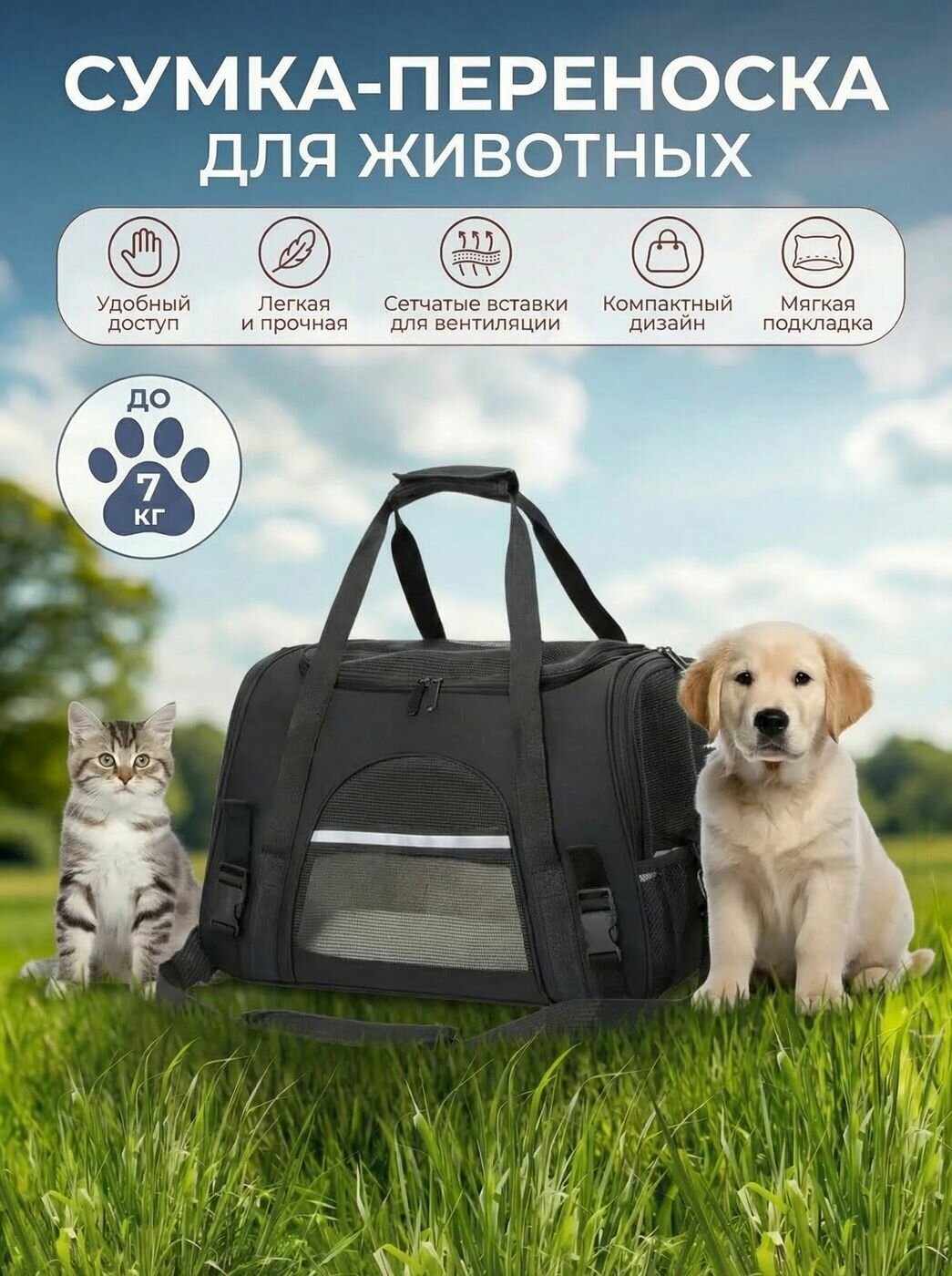 Сумка-переноска для животных, портативная с сетчатыми окнами, ремнями для крепления к чемодану, мягким ковриком, регулируемым плечевым ремнем, черная