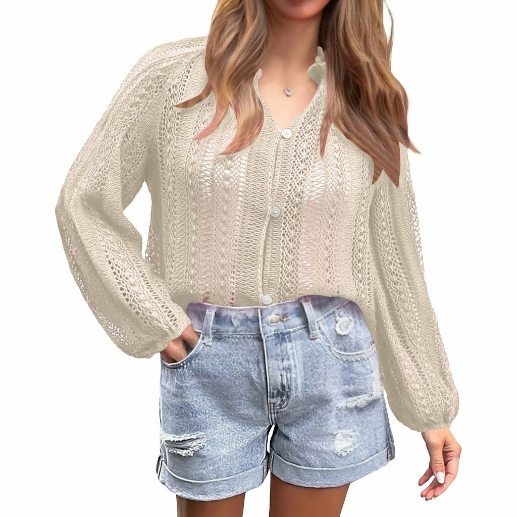 Женская вязаная ажурная блузка с рукавами-фонариками, V-образным вырезом, застежкой на пуговицы, кружевом и длинными рукавами - Абрикосовый цвет - Размер S