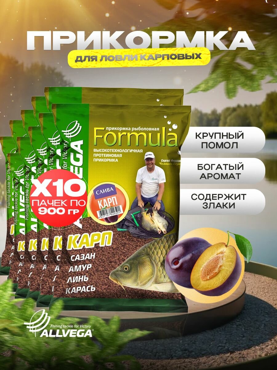 Прикормка для рыбалки Формула Карп сазан Слива 0,9кг набор из 10шт