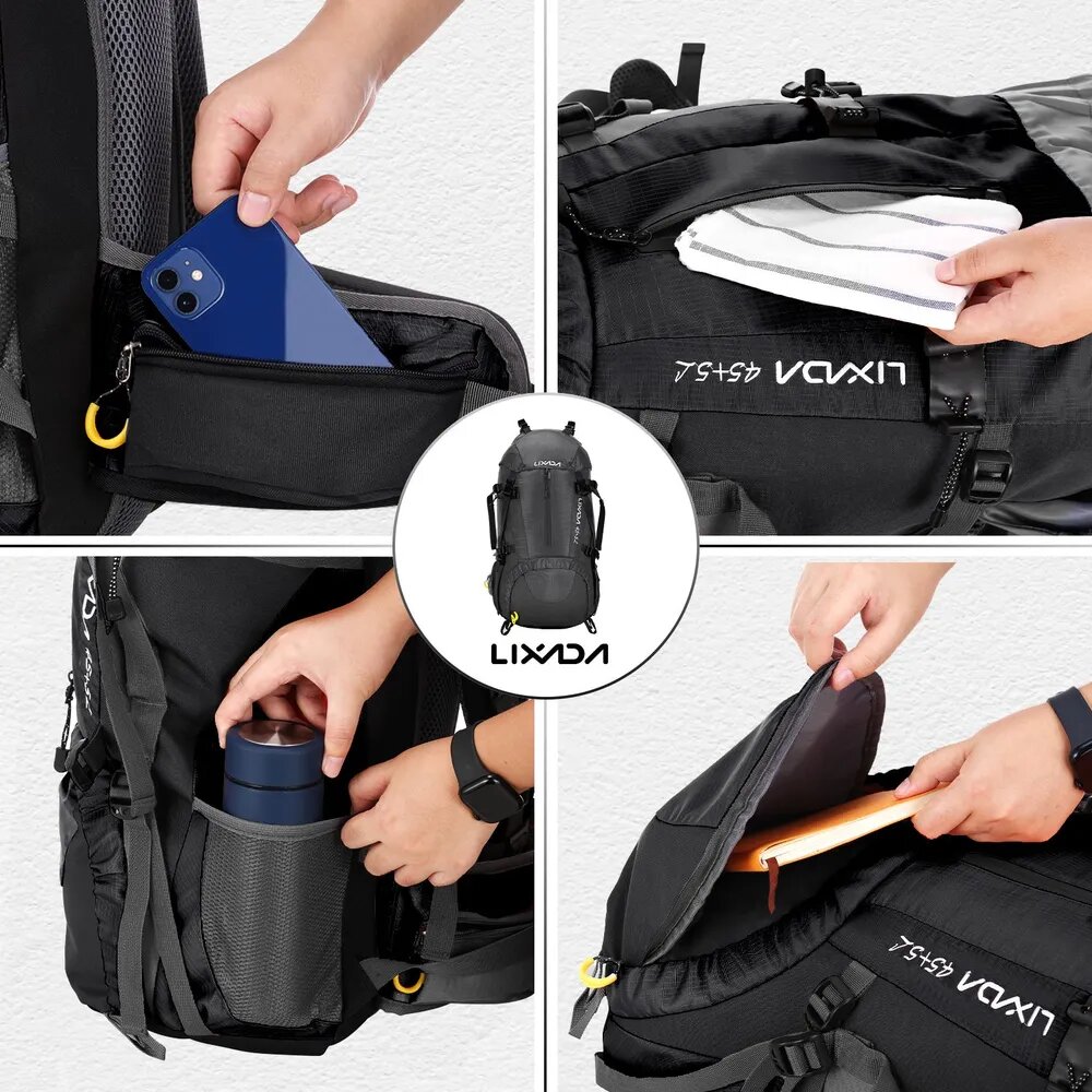 Рюкзак Lixada 45+5L туристический мужской, спортивный, черный, искусственный материал, застежка-молния — фото 1
