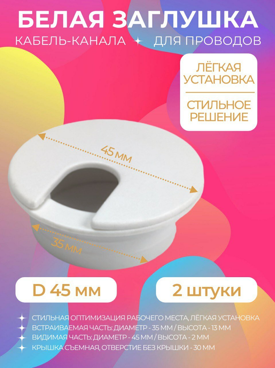 Заглушка для кабель-канала круглая белая 2 штуки