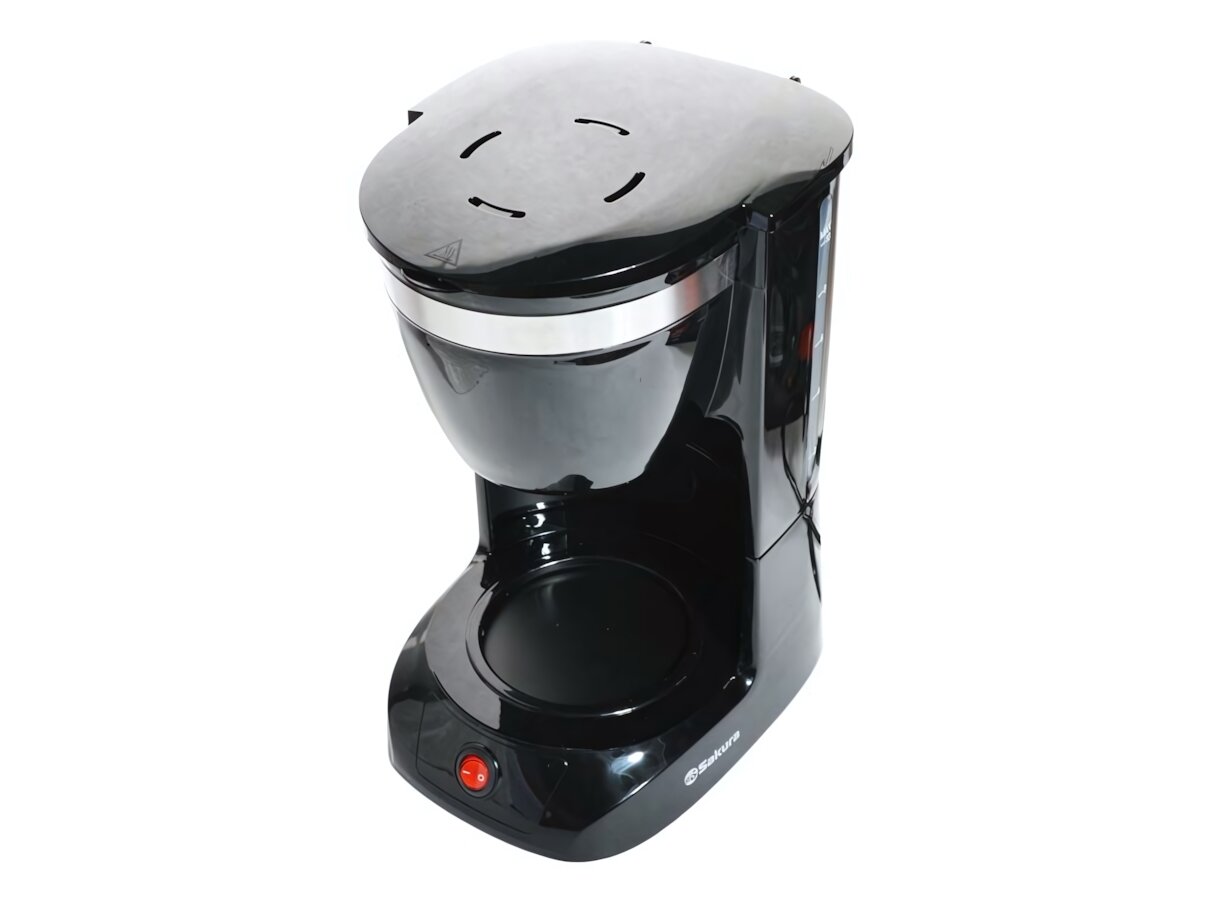 Кофеварка капельная Sakura "SA-6109BK", 1.25 л, черная глянцевая, стеклянная колба, мерная шкала, для кухни