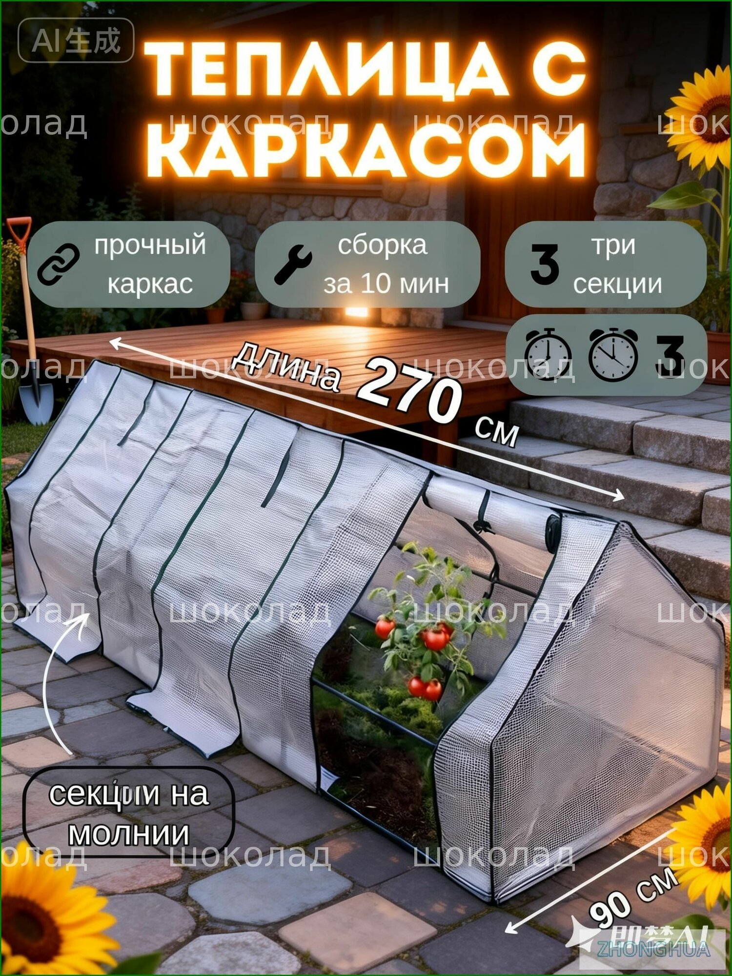 Парник, теплица домиком 2.7х0.9х0.9м,