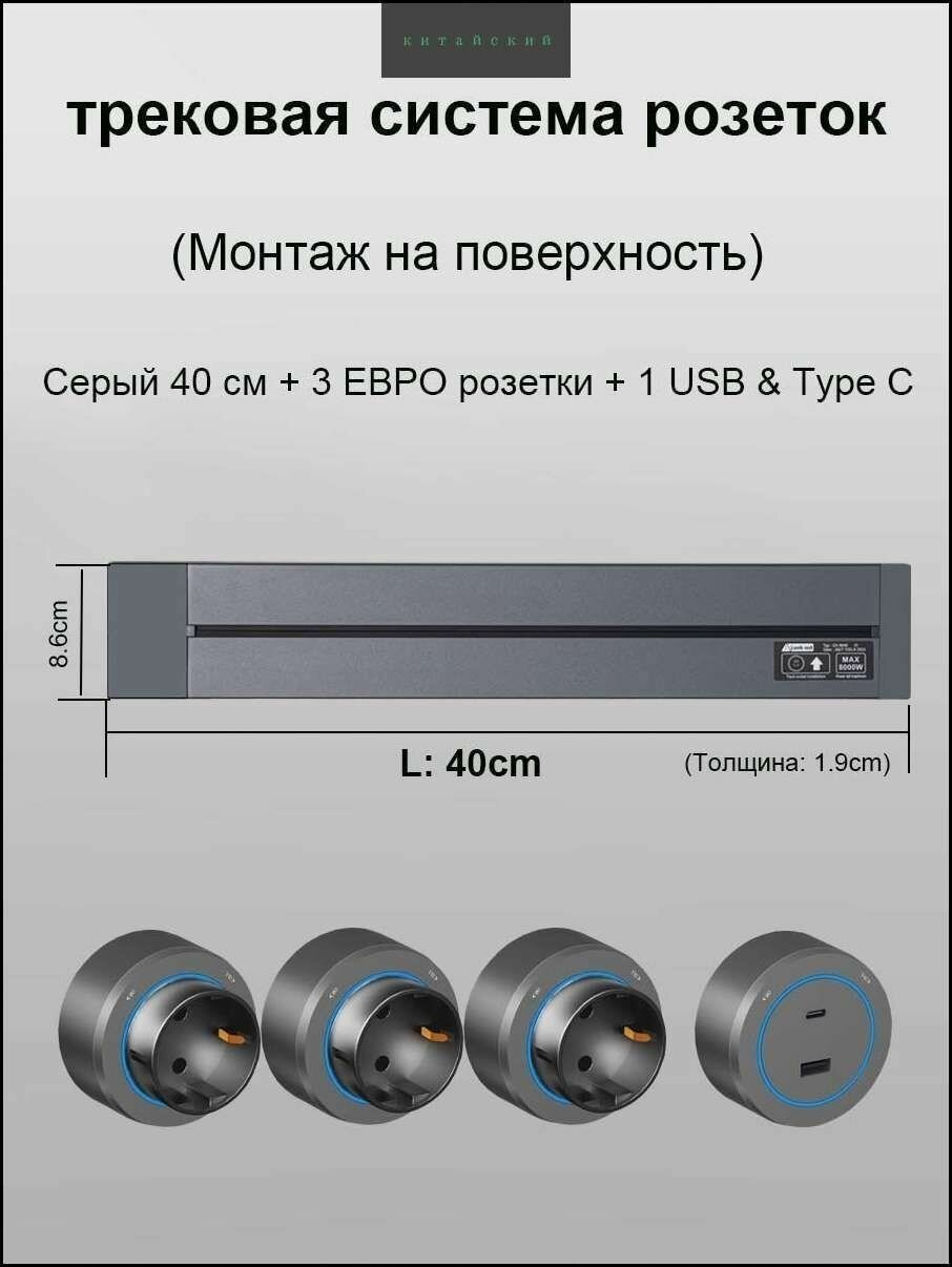 Направляющие, накладная металлическая рейка 40 см + 3 евророзетки + 1 USB и Type C, серые