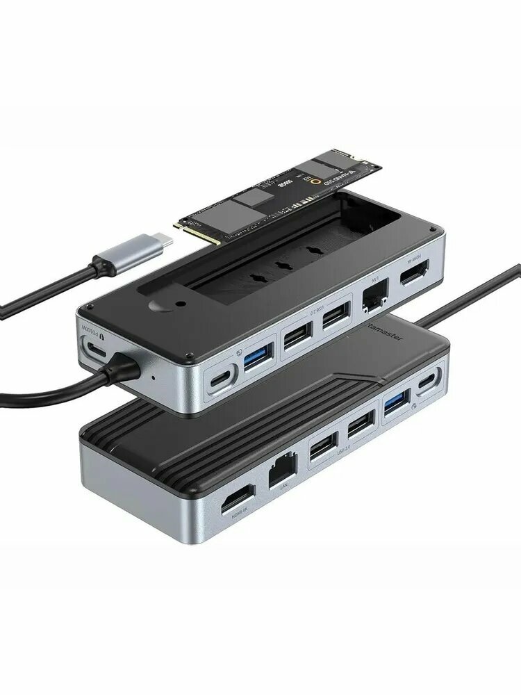 USB-C Hub 8 в 1 YYM28PR HDMI 4K@60Hz RJ45 10 Гбит/с Type-C USB3.2-A , M.2NVMe/SATA двойной протокол PD 100Вт, Адаптер для ноутбука/MacBook/ПК