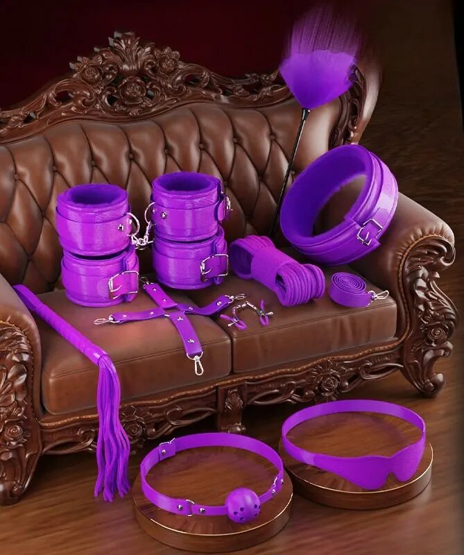 Кожаный фиолетовый комплект для ролевых игр (БДСМ набор для секса). 10 предметов