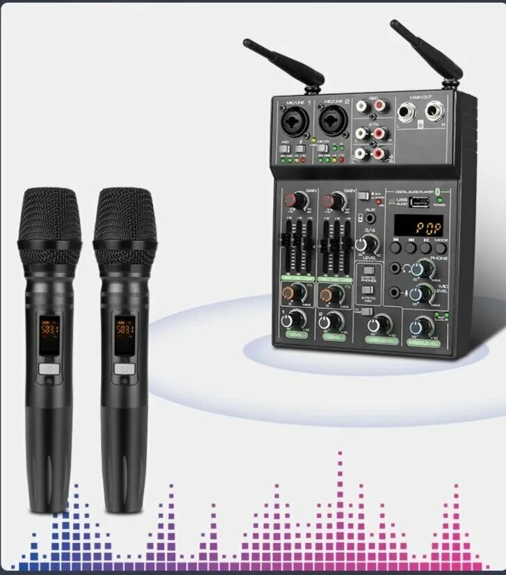 Микшер с двумя беспроводными микрофонами, караоке-микрофоном U Bluetooth, 4-канальный микшер, подходящий для семейного пения и выступлений