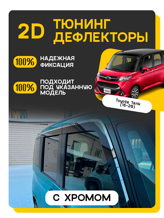 Плоские тюнинг дефлекторы с хромом для окон Toyota Tank (2016-2020) Ветровики для Тойота Танк. Комплект 6 шт.
