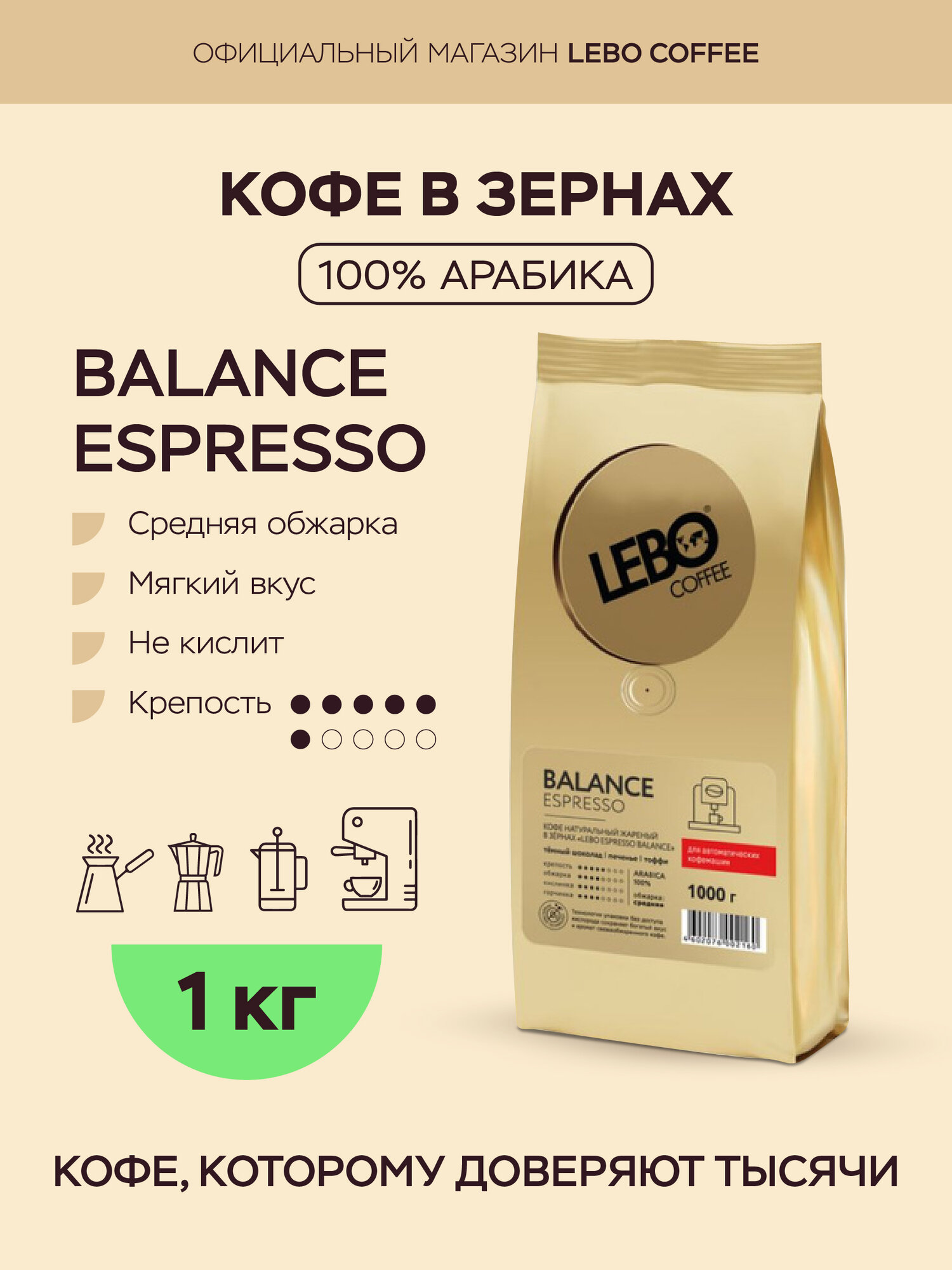 Кофе Lebo Balance Espresso, арабика, 100%, средняя обжарка, 1кг