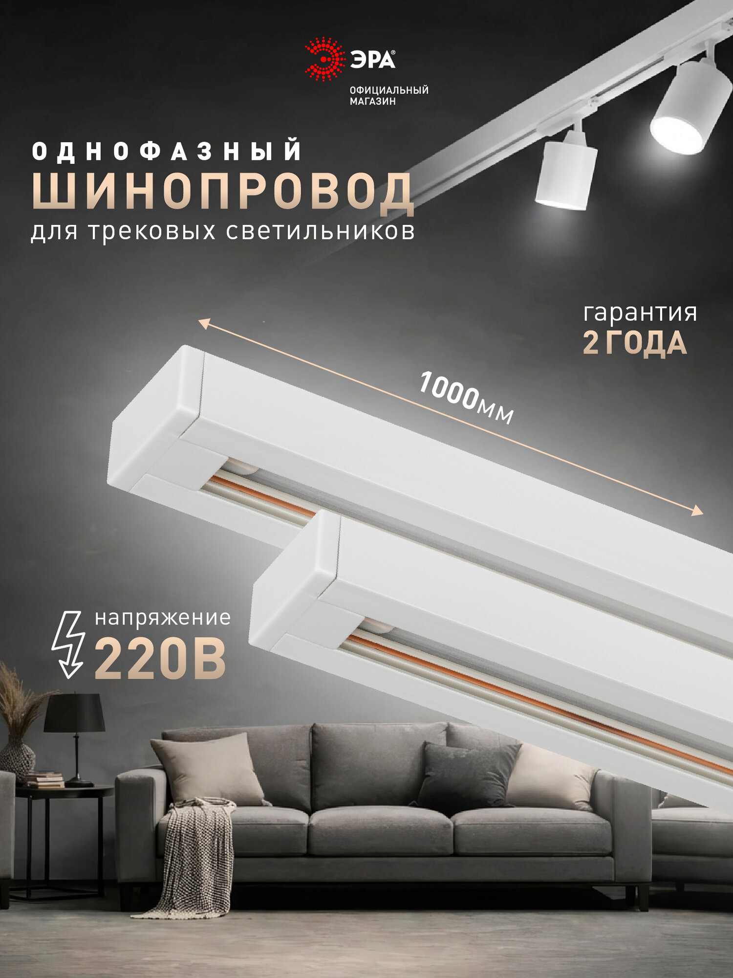 Шинопровод однофазный ЭРА TR-100 - 1PT - WH 1м белый, 2 штуки