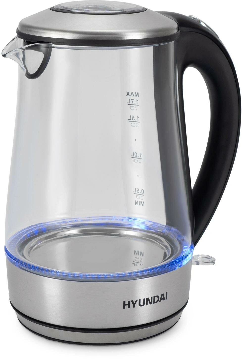 Чайник электрический HYUNDAI 1.7 л, 2200 Вт, прозрачный черный, корпус металл (HYK-G8406)