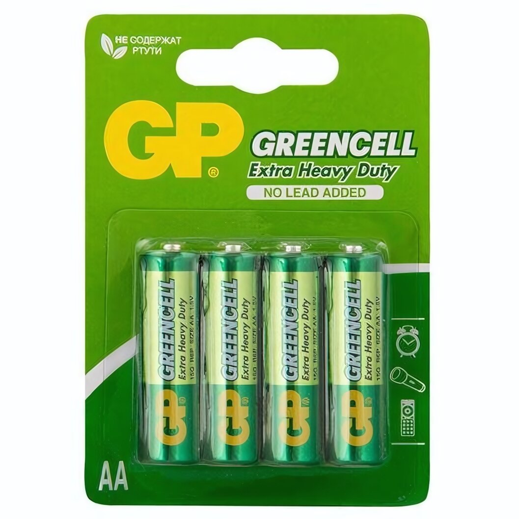Батарейки солевые GP Greencell "Extra Heavy Duty" AA (R6), 1.5В, 4 штуки в упаковке, для пультов и часов