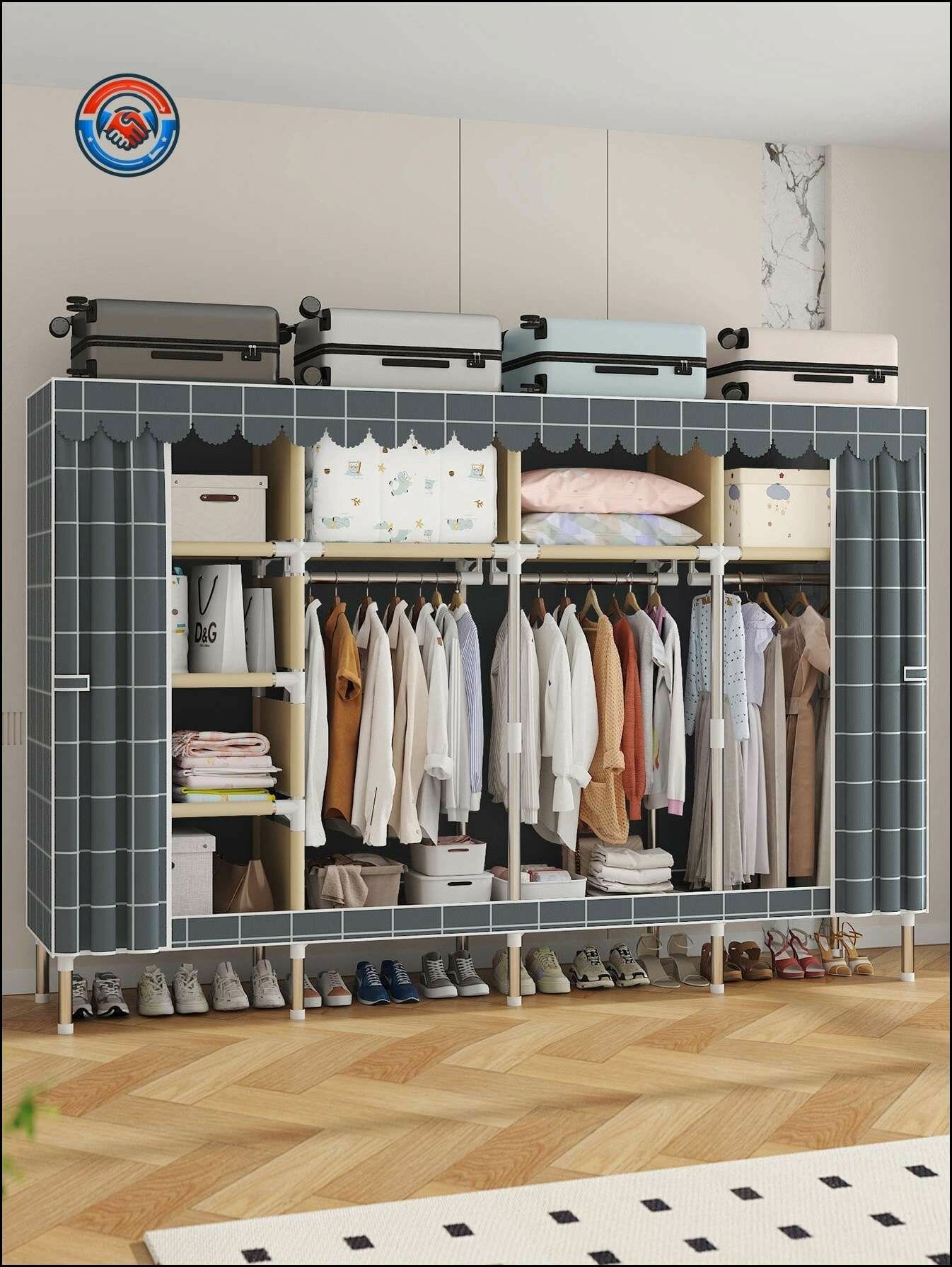 Тканевый шкаф-гардероб с молнией и металлическим каркасом, легкая сборная конструкция для дачи, ремонта и временного жилья, вместительное полотняное хранение одежды и постельного белья