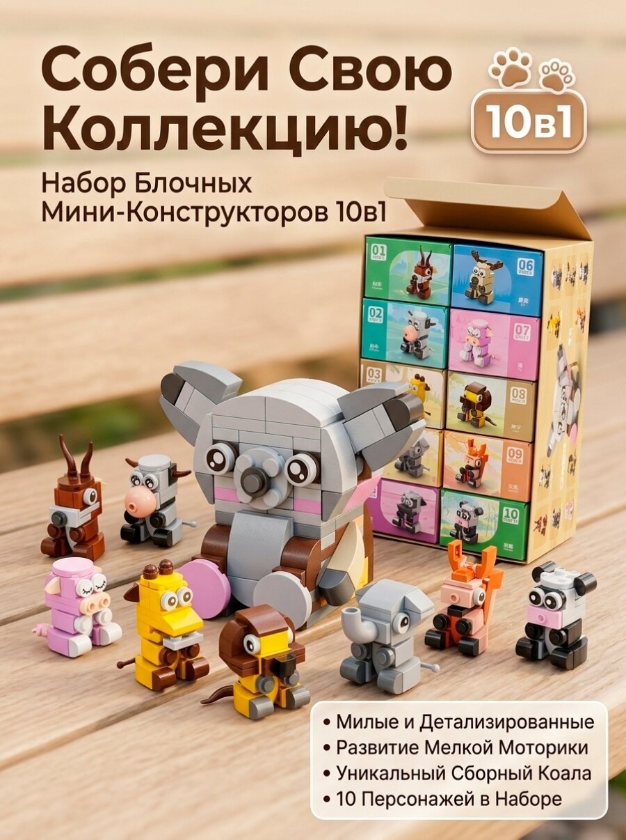 Конструктор животные 10в1 мини фигурки сборная коала