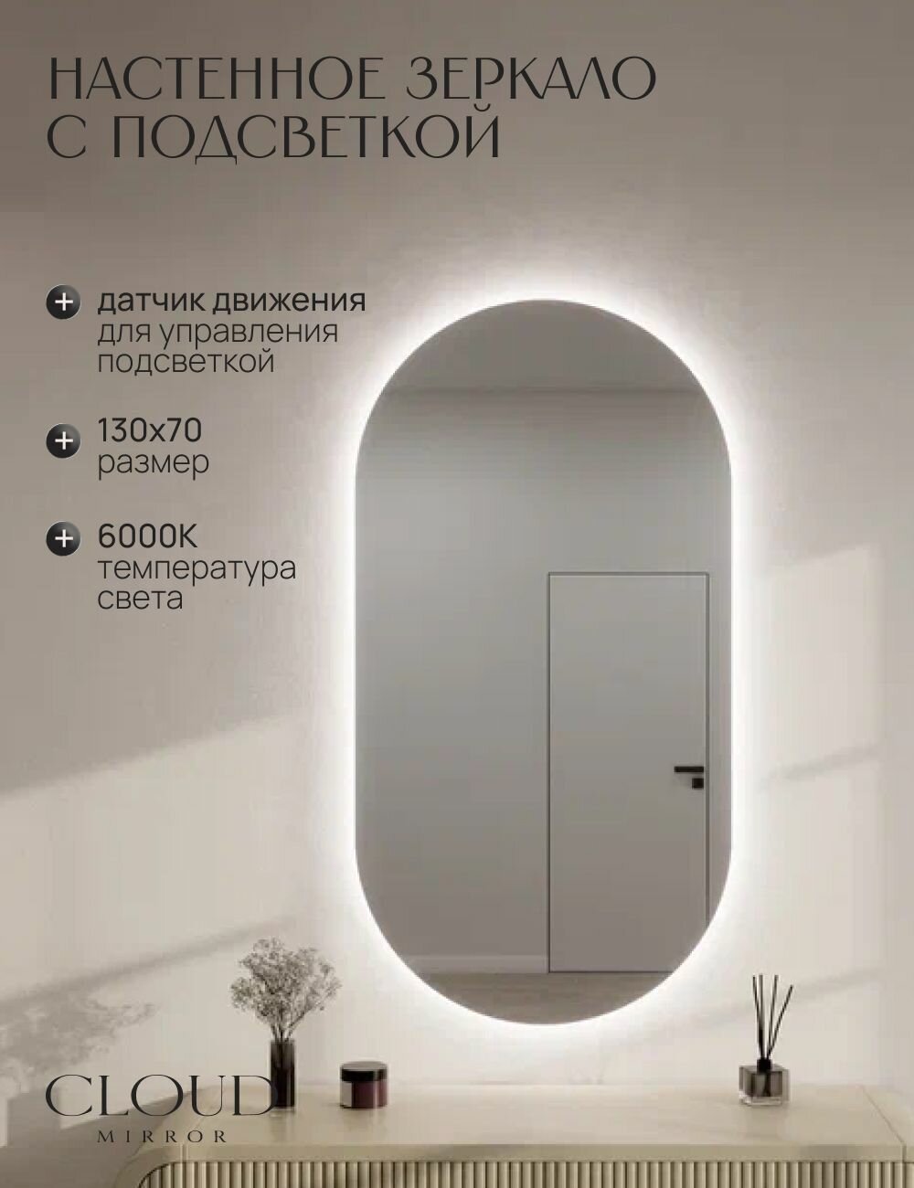 Зеркало 130х70 см. CLOUD MIRROR М6 настенное фигурное с подсветкой холодный свет 6000К