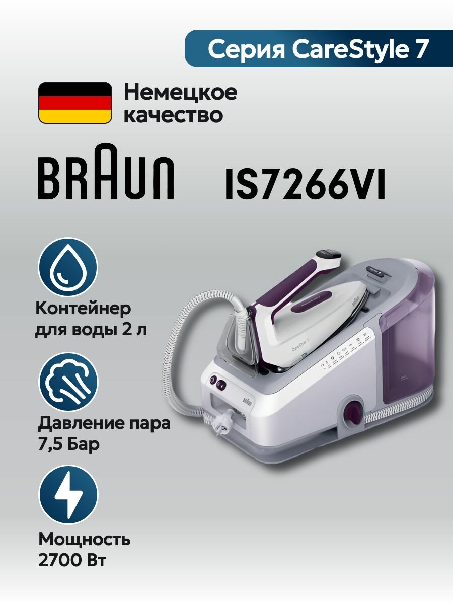 Парогенератор Braun CareStyle 7 IS7266VI автоматическое отключение, вертикальное отпаривание, паровой удар 550г/мин, оригинал
