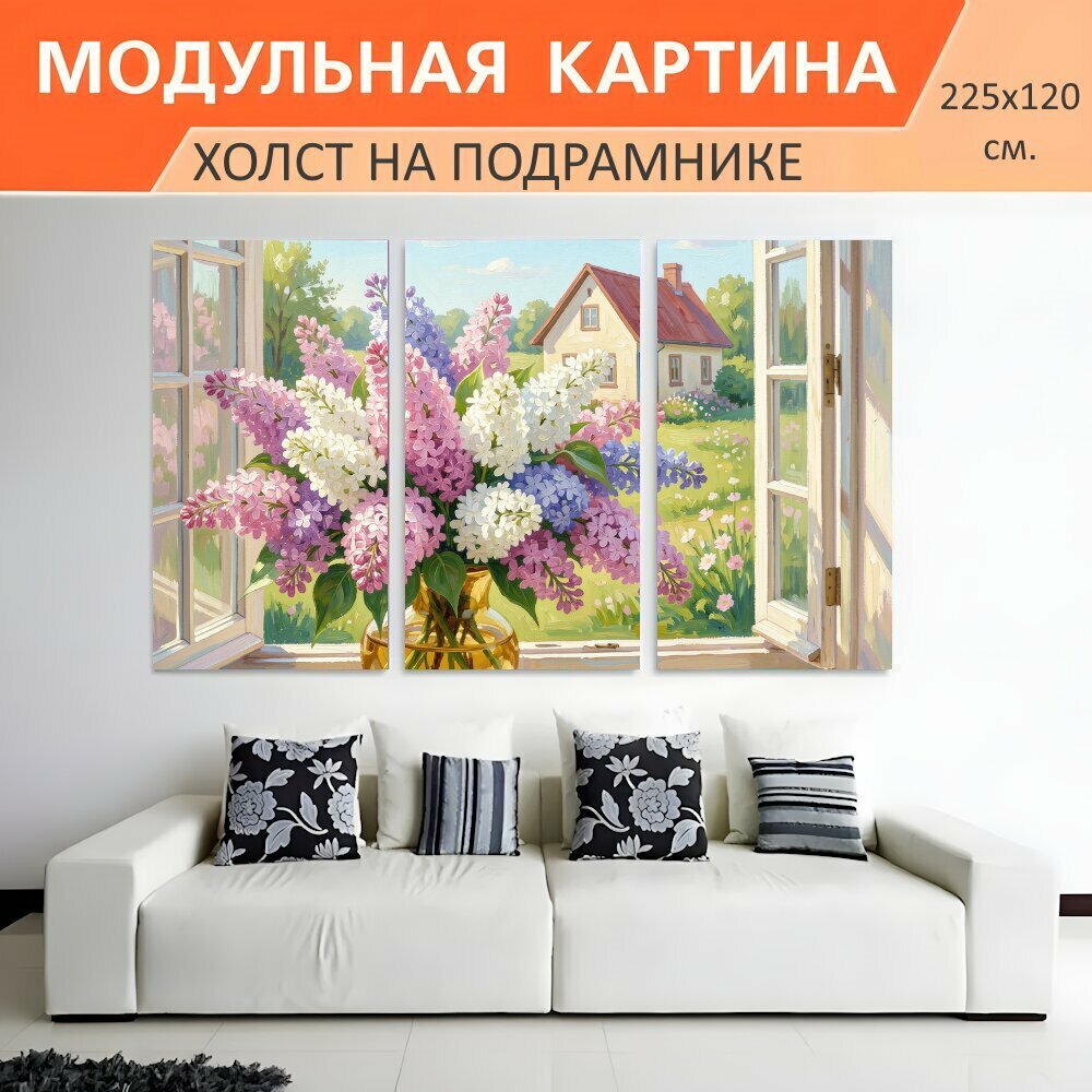 Модульная картина на холсте "Букет сирени у окна. Летний натюрморт в живописной манере: пышные соцветия в стеклянной вазе на." триптих на подрамнике 225х120 см. для интерьера
