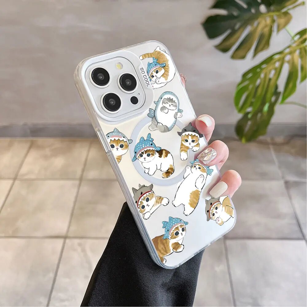 Милый Магнитный чехол M-Mofusands с котом Magsafe для IPhone 11, 12, 13, 14, 15, 16 Pro Max Plus, чехол с окантовкой