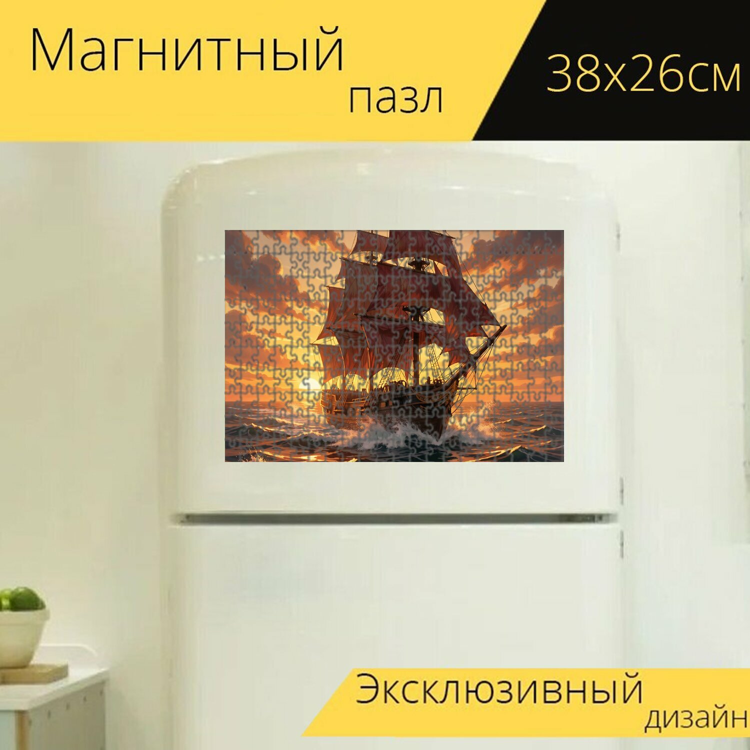 Магнитный пазл "Парусный корабль на закате. Морской пейзаж в тёплых золотых и оранжевых тонах: старинный фрегат с алыми парусами мчится по волнам, брызги." для интерьера, 38х26 см.