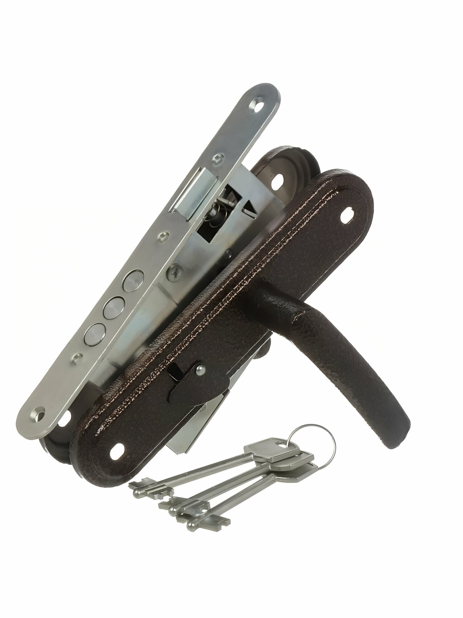 Замок врезной Омега ЗВ9.1-03 цилиндровый с ручкой в комплекте, коричневый, 3 ключа, надежное запирающее устройство