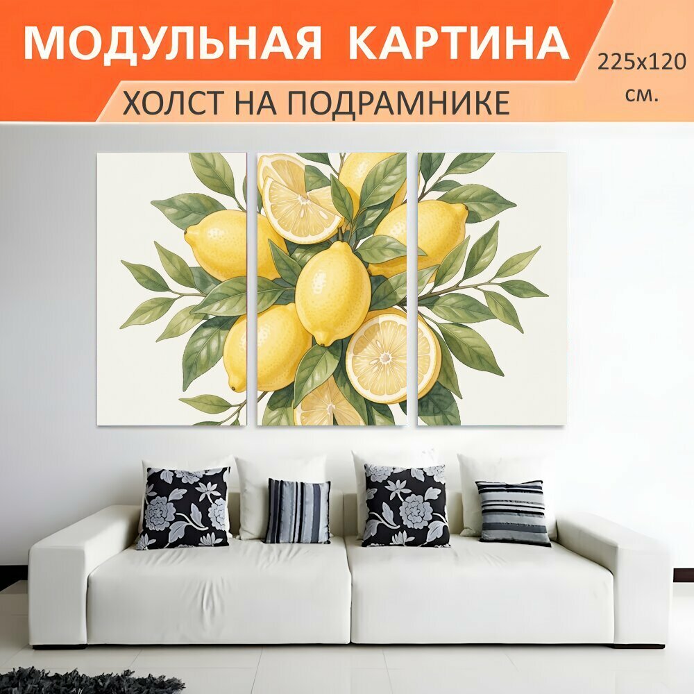 Модульная картина на холсте "Лимоны с зелеными листьями. Натуральный ботанический натюрморт с сочными цитрусовыми и веточками листвы." триптих на подрамнике 225х120 см. для интерьера