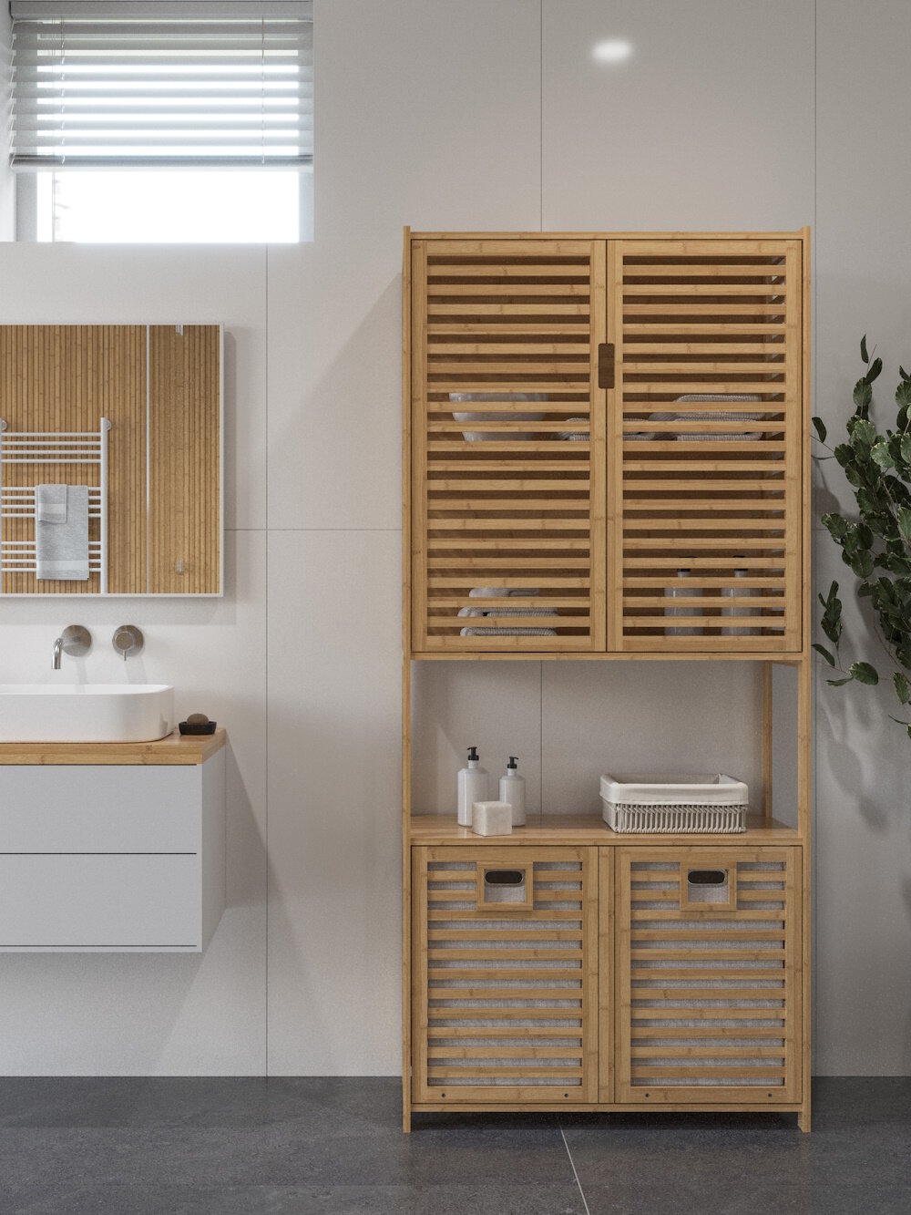 Шкаф для ванной из бамбука с двумя корзинами и шкафчиком напольный высокий 80x33x180 см Bambuchka