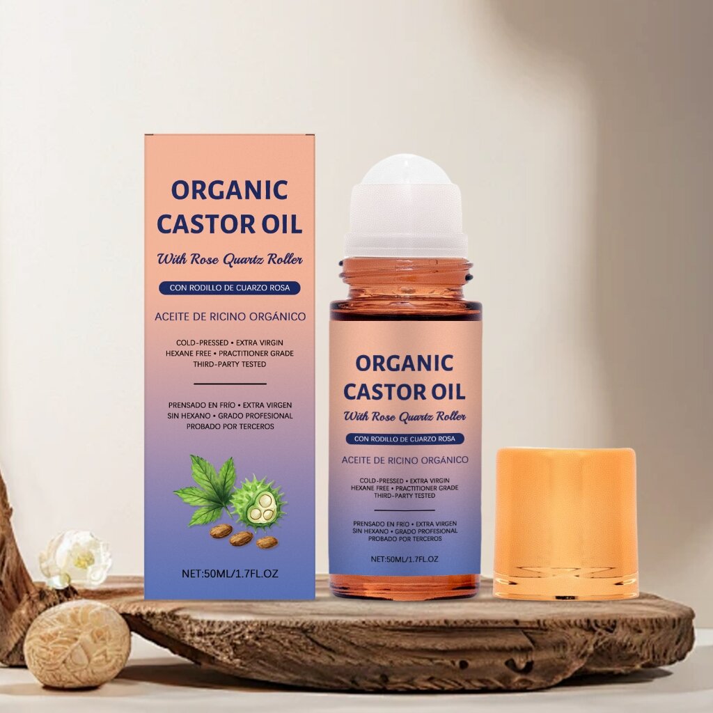 Органическое касторовое масло с роллером из розового кварца, чистое, холодного отжима, без гексана, для роста волос, ресниц, бровей и кожи, 1,7 жидких унций (1 шт.)