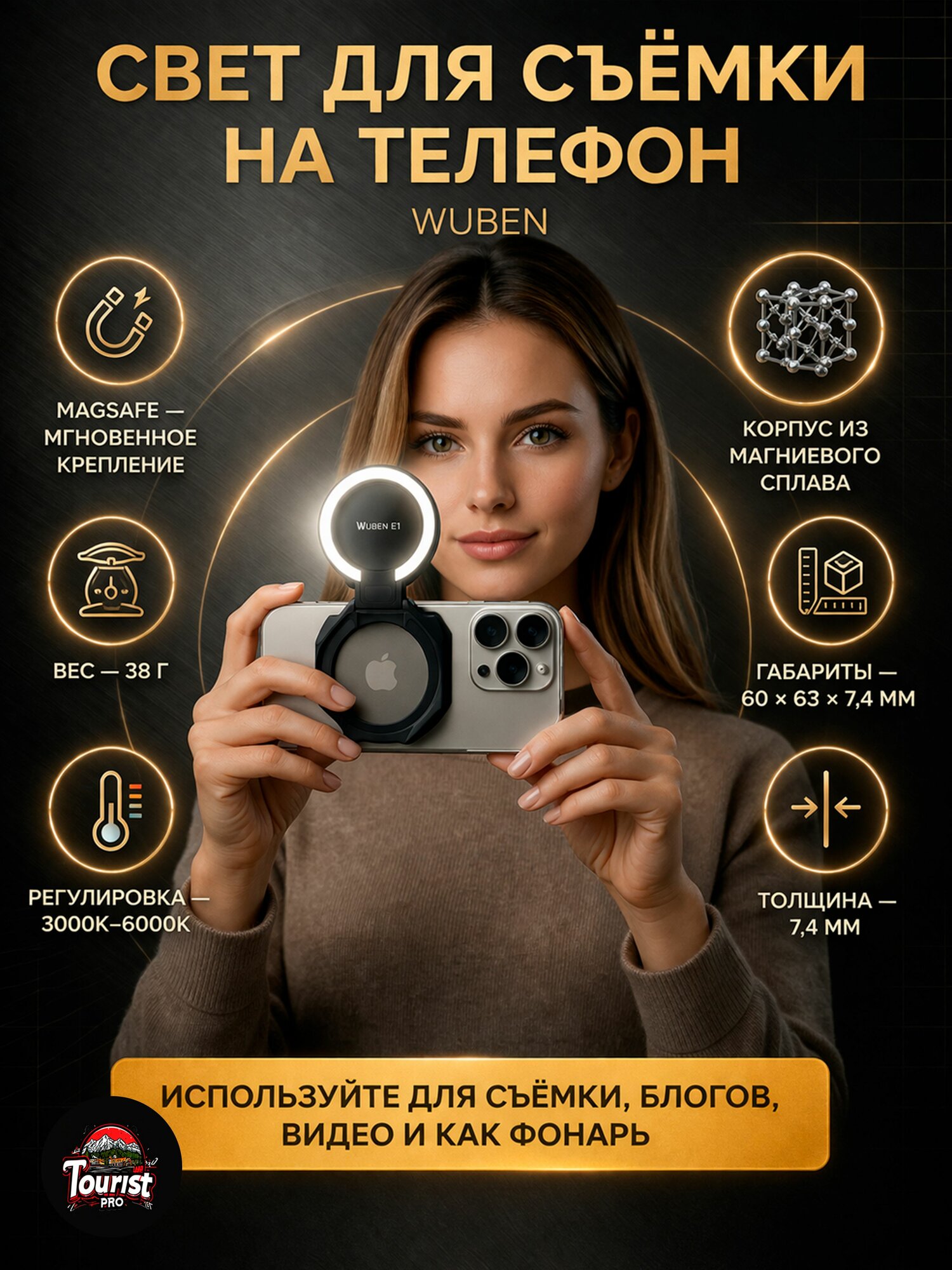 Фонарь Wuben E1 "Black", с магнитным креплением, с регулировкой температуры, 300 лм