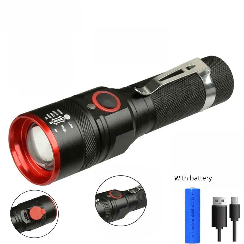 Фонарь USB перезаряжаемый XM-L T6, черный, с батареей