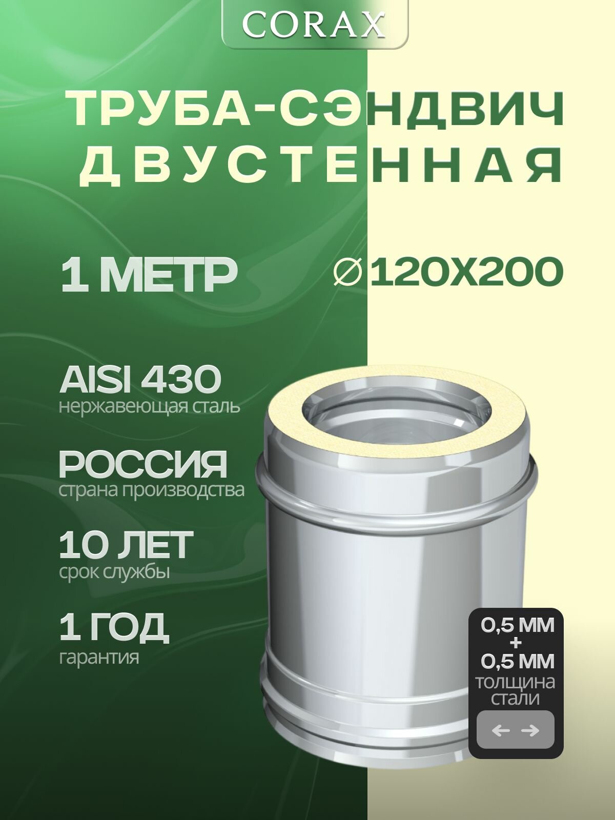 Труба-сэндвич Ф 120х200 L 1,00м (430/0,5х0,5) (4/1) 4р/24п