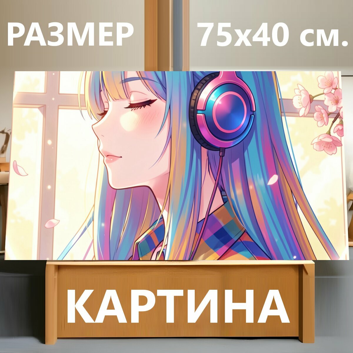 Картина на холсте "Яркое и красочное цифровое арт-изображение девушки в профиль с закрытыми глазами, с длинными волосами в оттенках голубого." на подрамнике 75х40 см. для интерьера