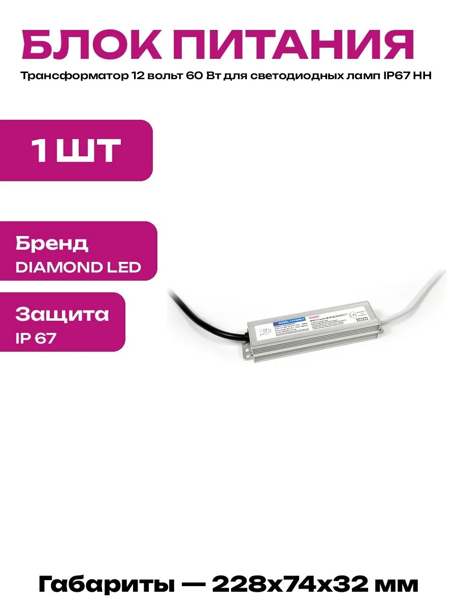Трансформатор 12 вольт 60 ватт для светодиодных панелей IP67