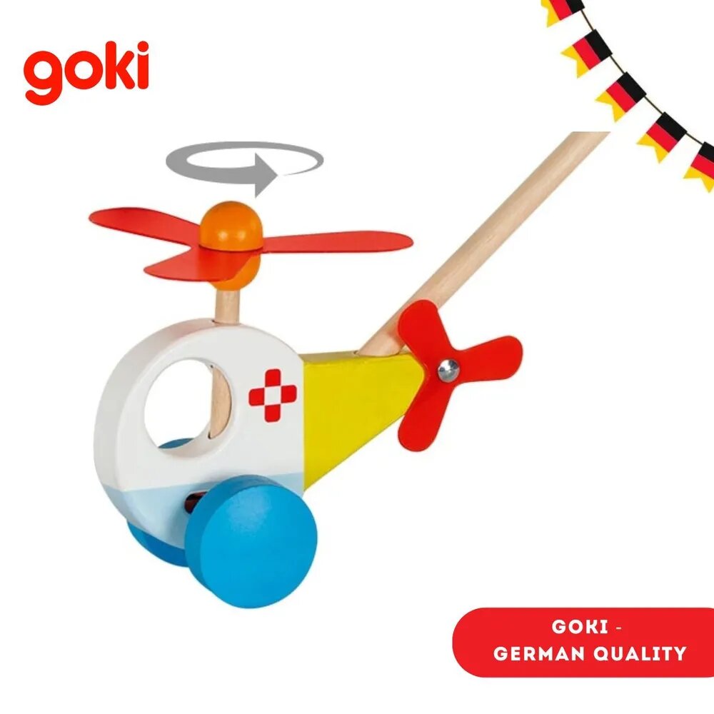 Деревянная игрушка каталка детская "Вертолет" с ручкой Goki, 18м+