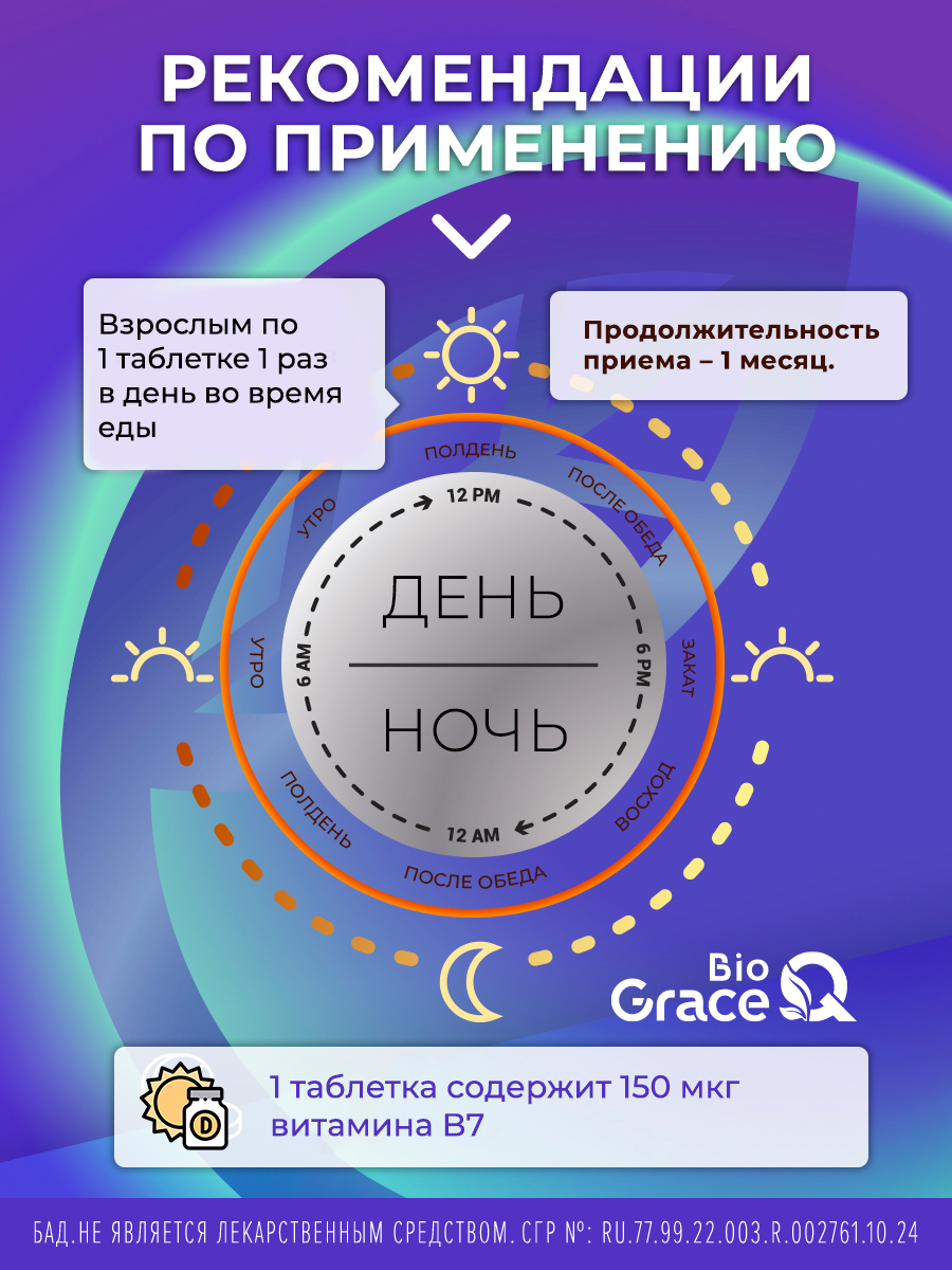 Биотин для волос GraceBioQ Витамины для женщин, для красоты волос, кожи и ногтей, от выпадения волос, от морщин 120 таб. — фото 1
