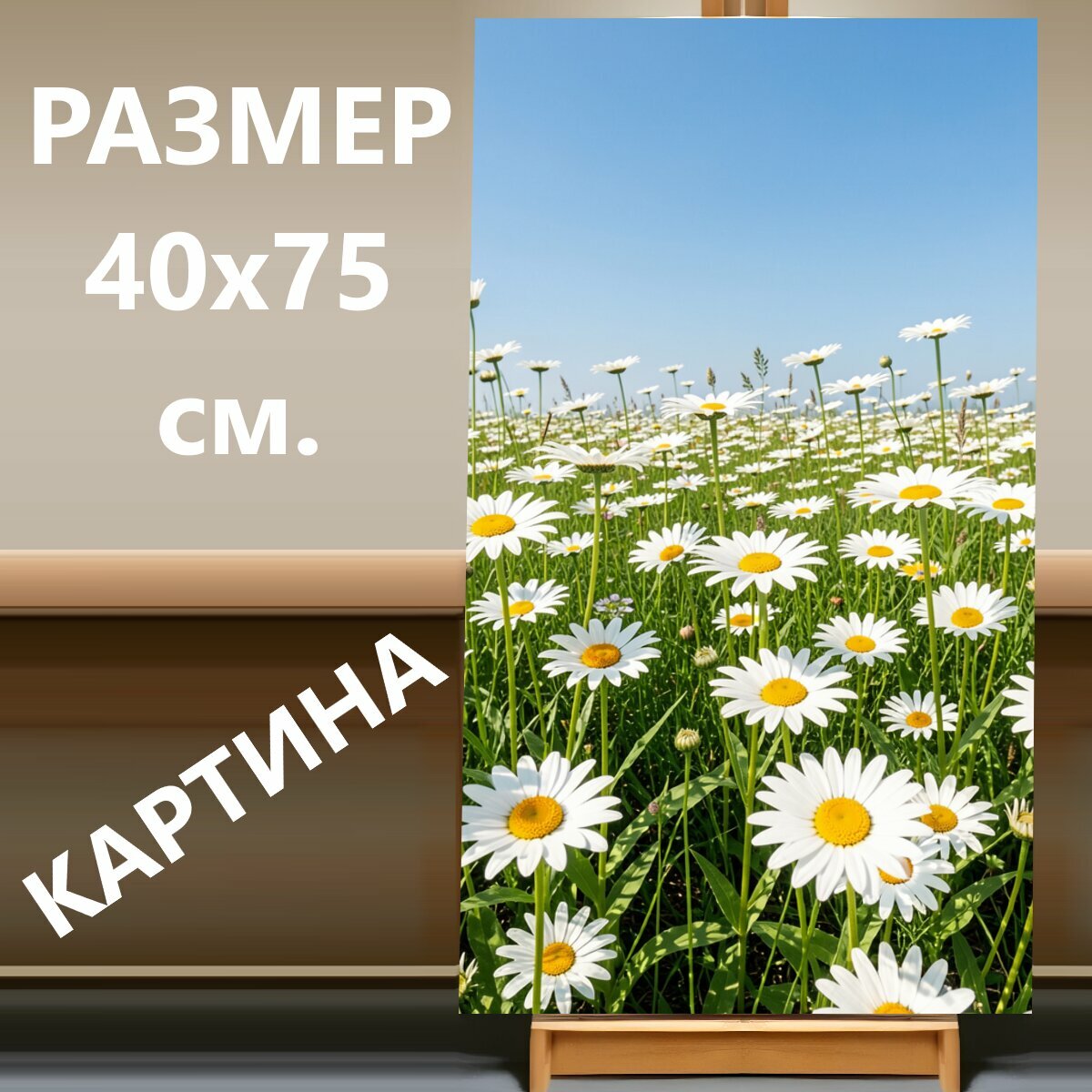 Картина на холсте "Полевые ромашки под ясным небом. Летний цветущий луг с множеством белоснежных цветов и сочной зеленью под чистым голубым." на подрамнике 75х40 см. для интерьера