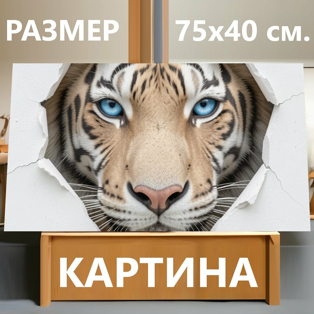 Картина на холсте "Тигр с голубыми глазами. Реалистичный хищник с пронзительным взглядом, пробившийся сквозь белую треснувшую поверхность." на подрамнике 75х40 см. для интерьера
