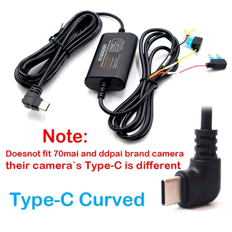 Комплект для подключения автомобильной камеры-видеорегистратора 12В-24В к 5В 2.5А Type-C USB Curved