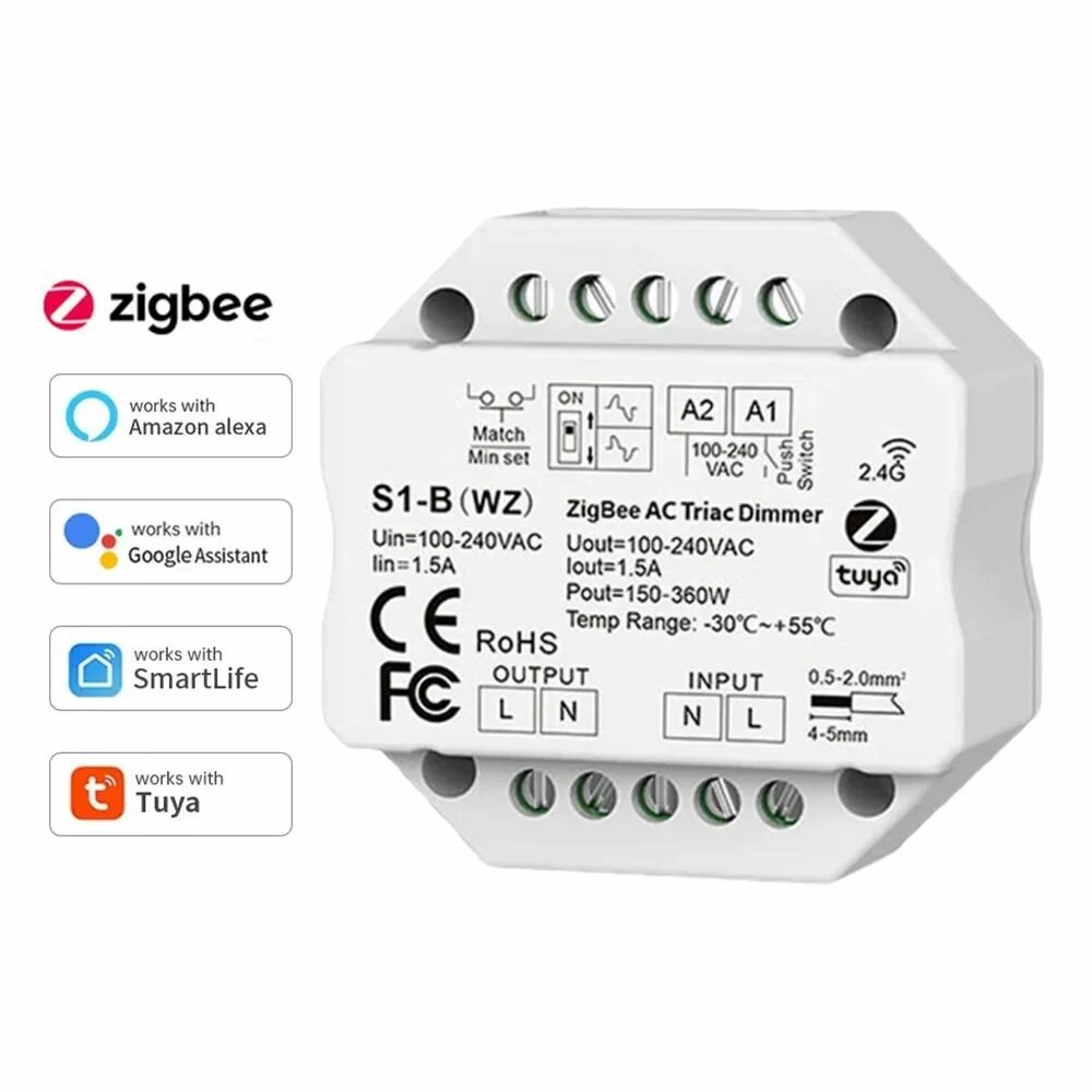 S1-B Tuya Zigbee RF AC Triac Dimmer LED Controller Push Switch Control 110V 220V 230V Smart Life APP для Alexa Assistant