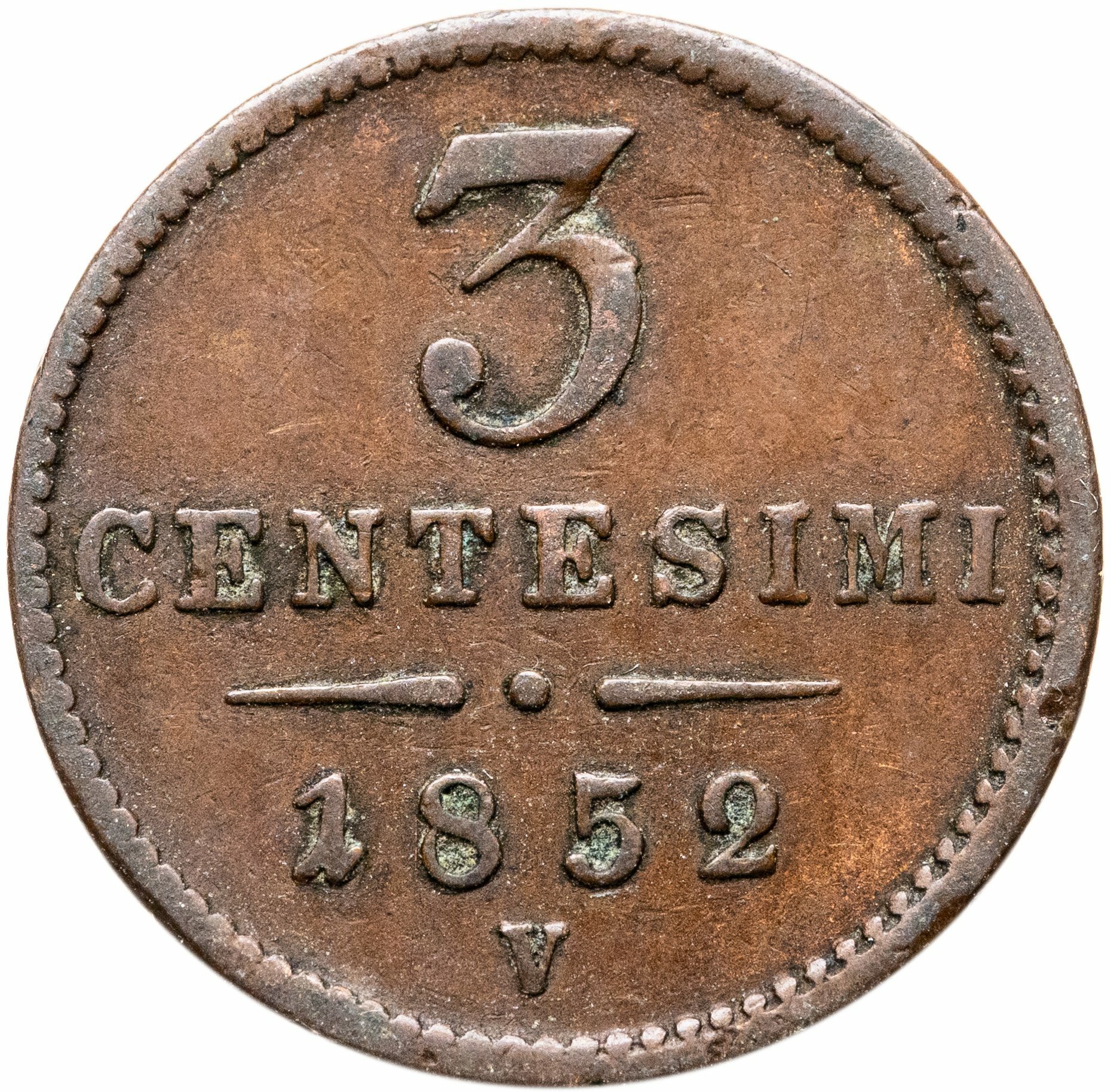 Ломбардия-Венеция 3 чентезимо 1852 V, Медь, в сохранности VF-XF