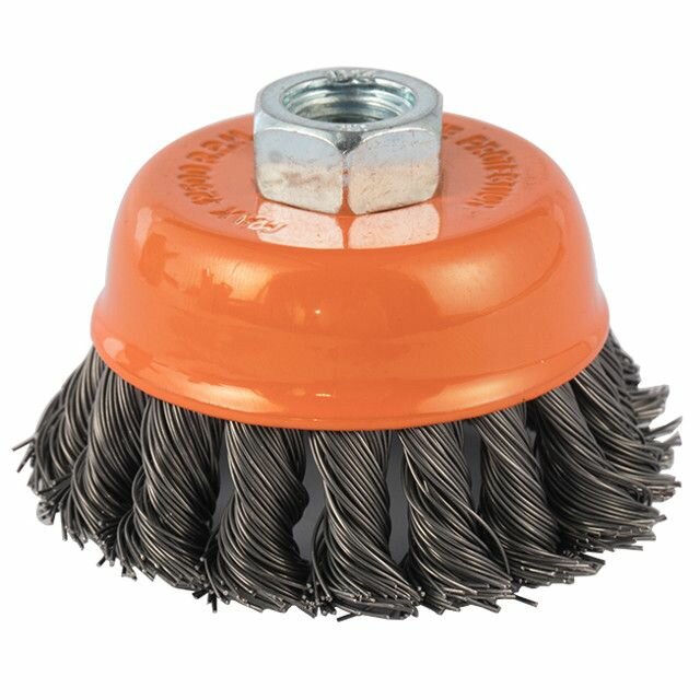 Корщетка для УШМ KENDO 75мм 0,5мм чашеобразная витая сталь, оранжевый, Китай