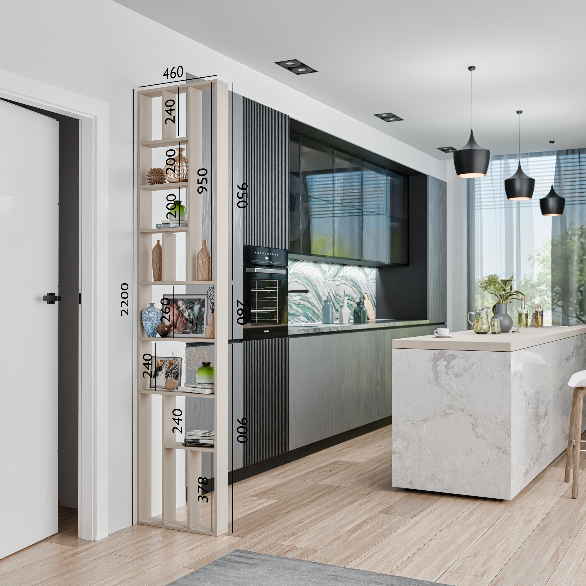 Реечная перегородка с полками для зонирования 460 мм, Кашемир