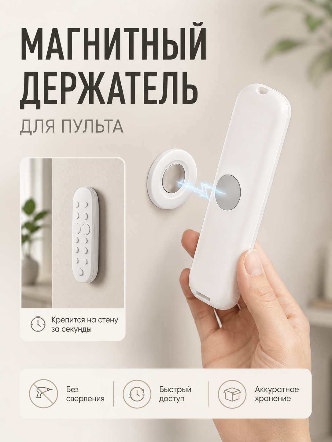 Держатель для пульта — магнитный, самоклеящийся, настенный, белый; для пульта от ТВ и кондиционера, универсальный