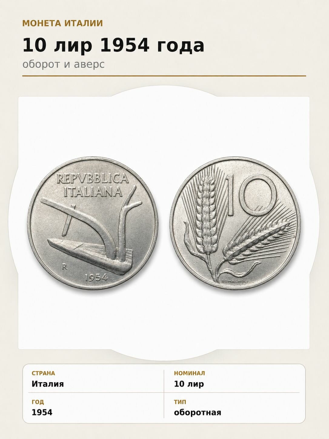 Коллекционная монета Италия 10 лир 1953-1954