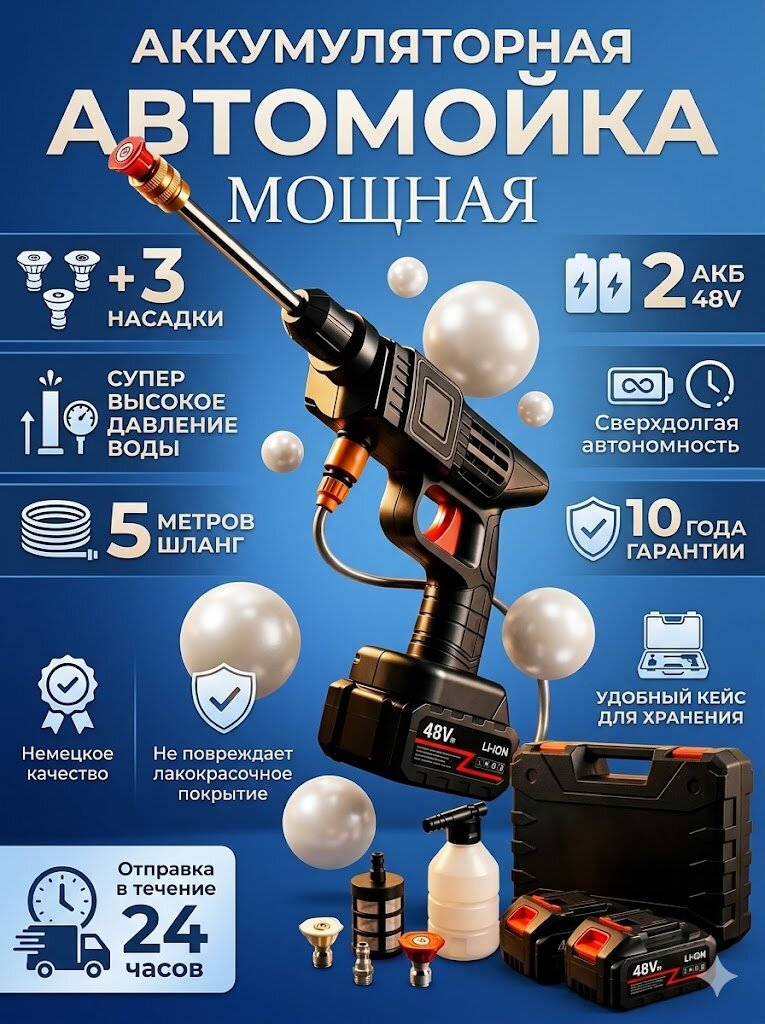 Мойка высокого давления аккумуляторная для автомобиля, Автомойка, в кейсе 2 аккумулятора, 3 насадки