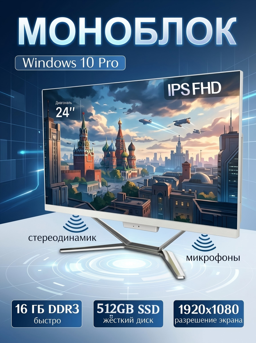 Монобло 24", Intel Core i7 4790, Windows 10 pro, SSD 512ГБ, RAM 16ГБ, Wi-Fi/Bluetooth, белый Русская раскладка