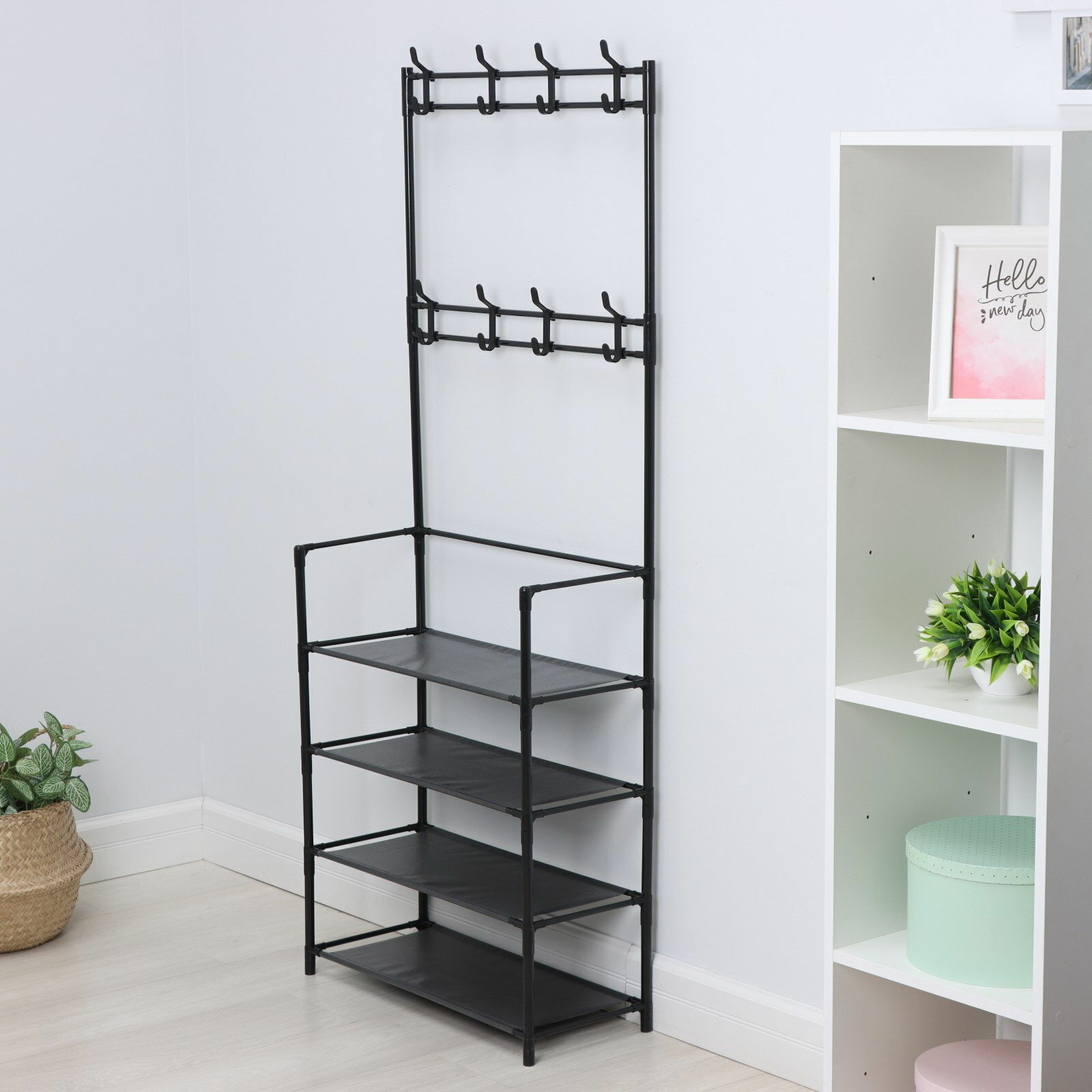 Вешалка - стойка напольная для одежды полки для обуви, 4 яруса, 60x26x155 см, чёрная