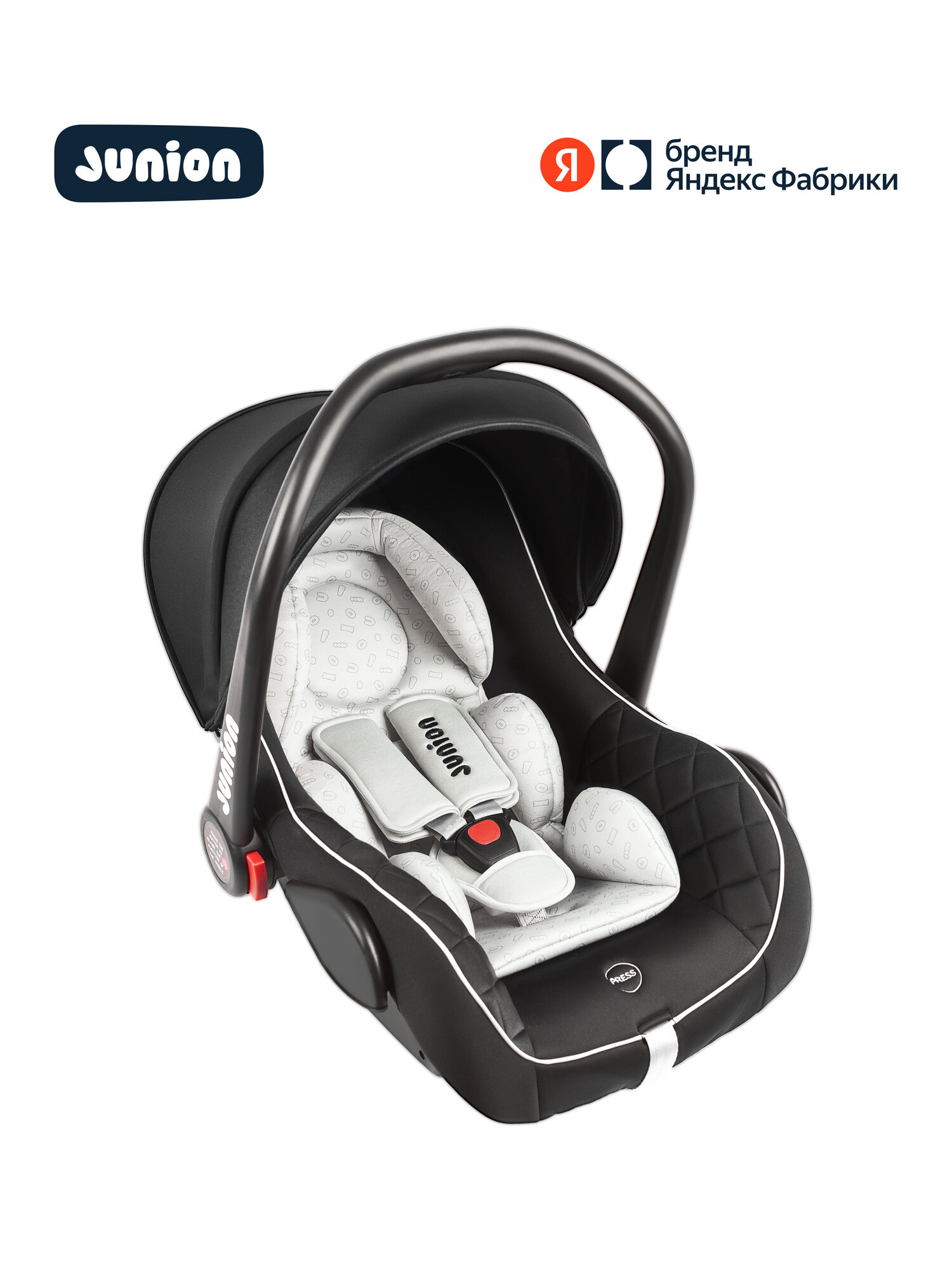 Автолюлька Junion Uma группа 0+ (0-13 кг), крепление ремнями, чёрно-серый