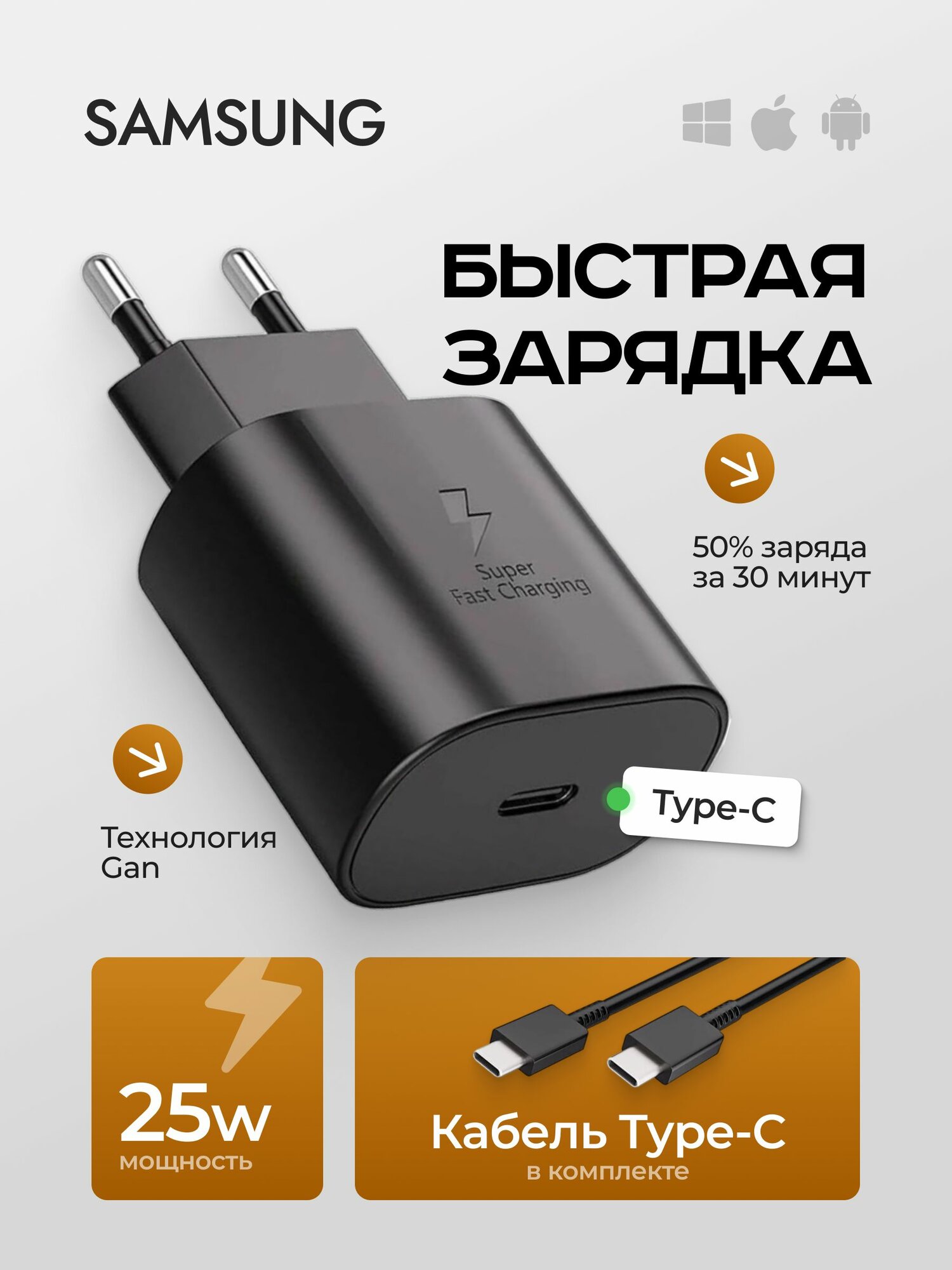 Блок питания, сетевой адаптер с проводом Samsung EP-TA800 25W PD Power Adapter USB-C, черный